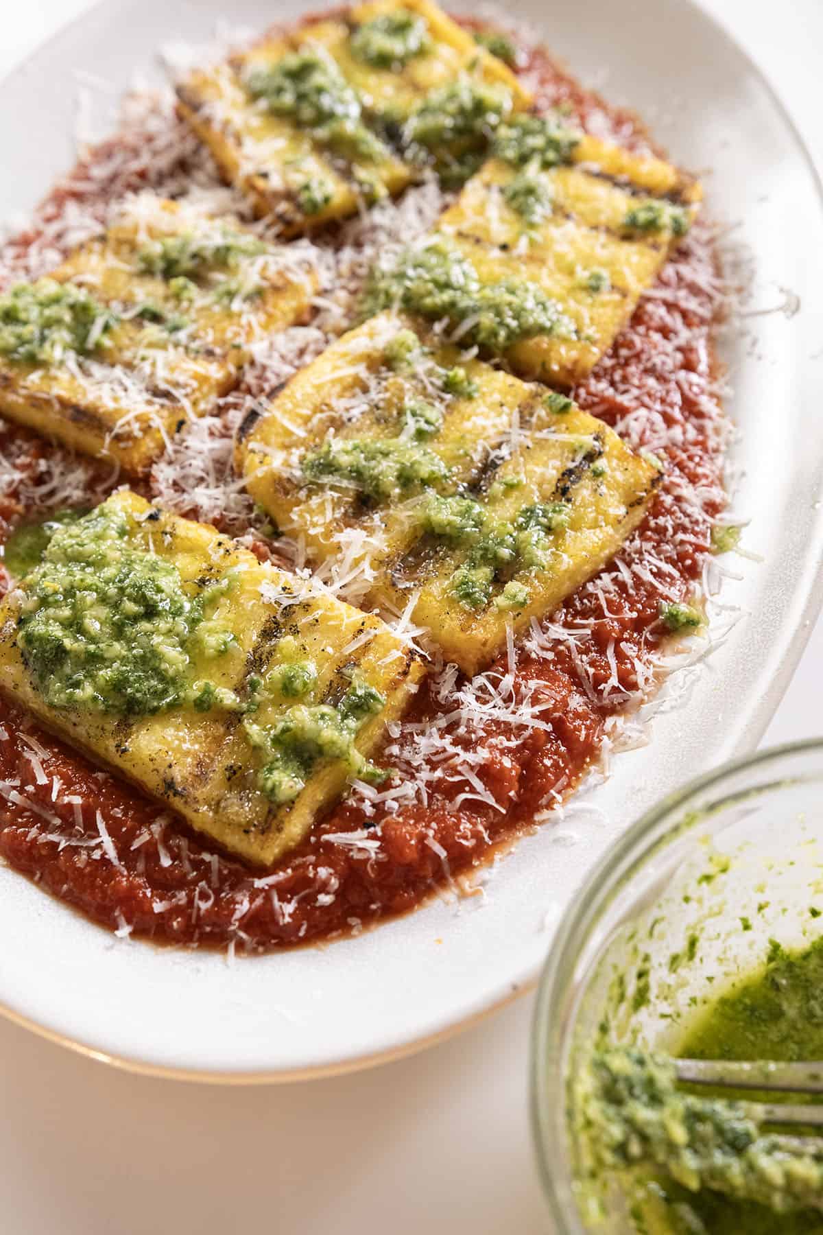 Perfect Grilled Polenta with Marinara and Pesto - Always From Scratch